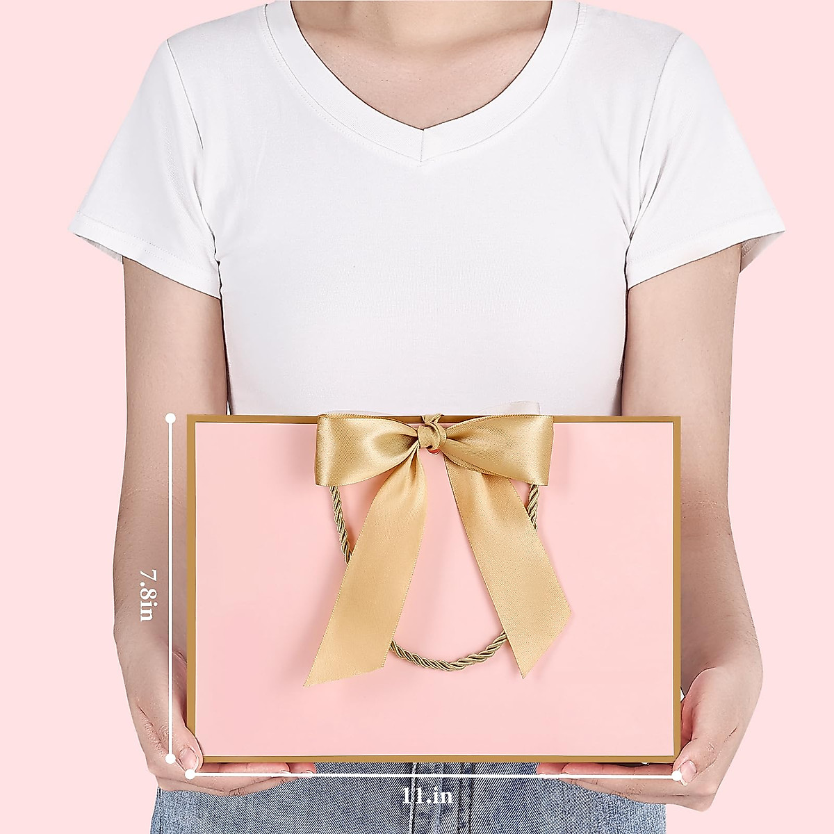 JMANNI Gift Bags, Small Gift Bags, 2Pcs Paper Gift Bag with 4 Tissue Paper and 2 Greeting Cards, Present Bags with Handles for Women Girls Bridesmaid Birthday Valentines Wedding Party (Pink-Golden)