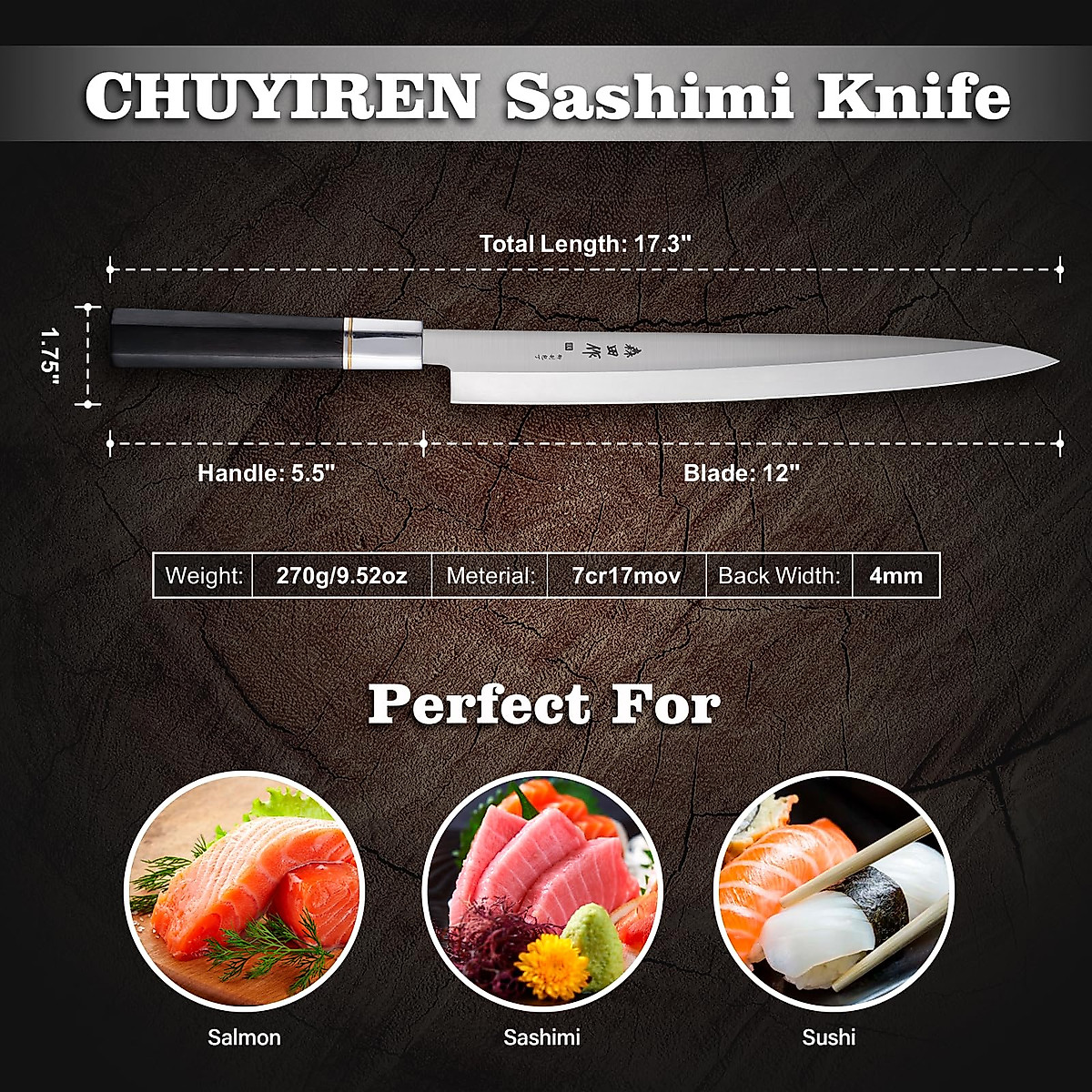 Sumteene Sushi Knife 12 inch(300mm), Sashimi Knife with High Carbon Stainless Steel Blade Yanagiba Knife, Octagonal Ebony Handle, Single Bevel Japanese Sushi Knife for Sushi & Sashimi, Fish Filleting