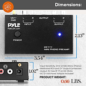 Pyle PP777 Phono Turntable Preamp Mini Electronic Audio Stereo Phonograph Preamplifier Input, RCA Output & Low Noise Operation Powered by 12 Volt DC Adapter