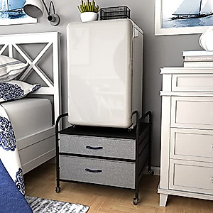 DHMAKER Mini Fridge Stand with Storage, 2 Drawer Fridge Organizer with Metal Frame, Over Refrigerator Stand with 4 Swivel Wheels, Microwave Fridge Cart for Doorm Kitchen