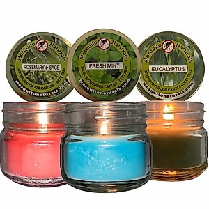 Mosquito Naturals Eucalyptus, Fresh Mint, Rosemary Sage with Essential Oils - Made in USA - (Set of 3) for Patio, Deck, Outdoor or Indoor Use – All Natural, Soy Base Candles, 3 oz Jars with Lids