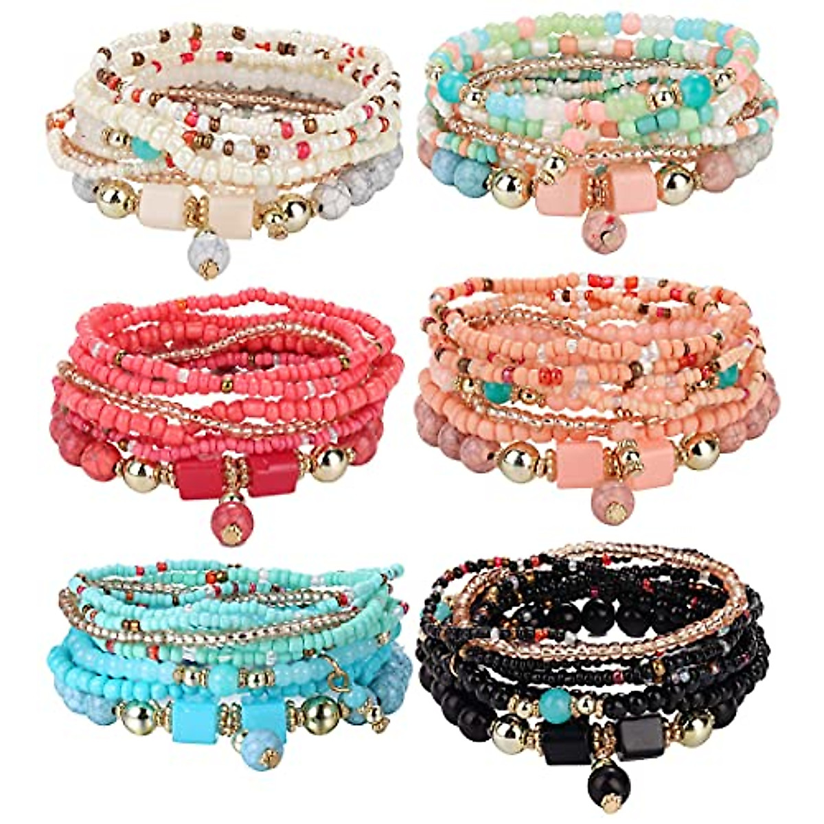 Udalyn 6 Sets Bohemian Stackable Bead Bracelets for Women Men Multilayered Bracelet Set Pendant Charm Stretch Bangles