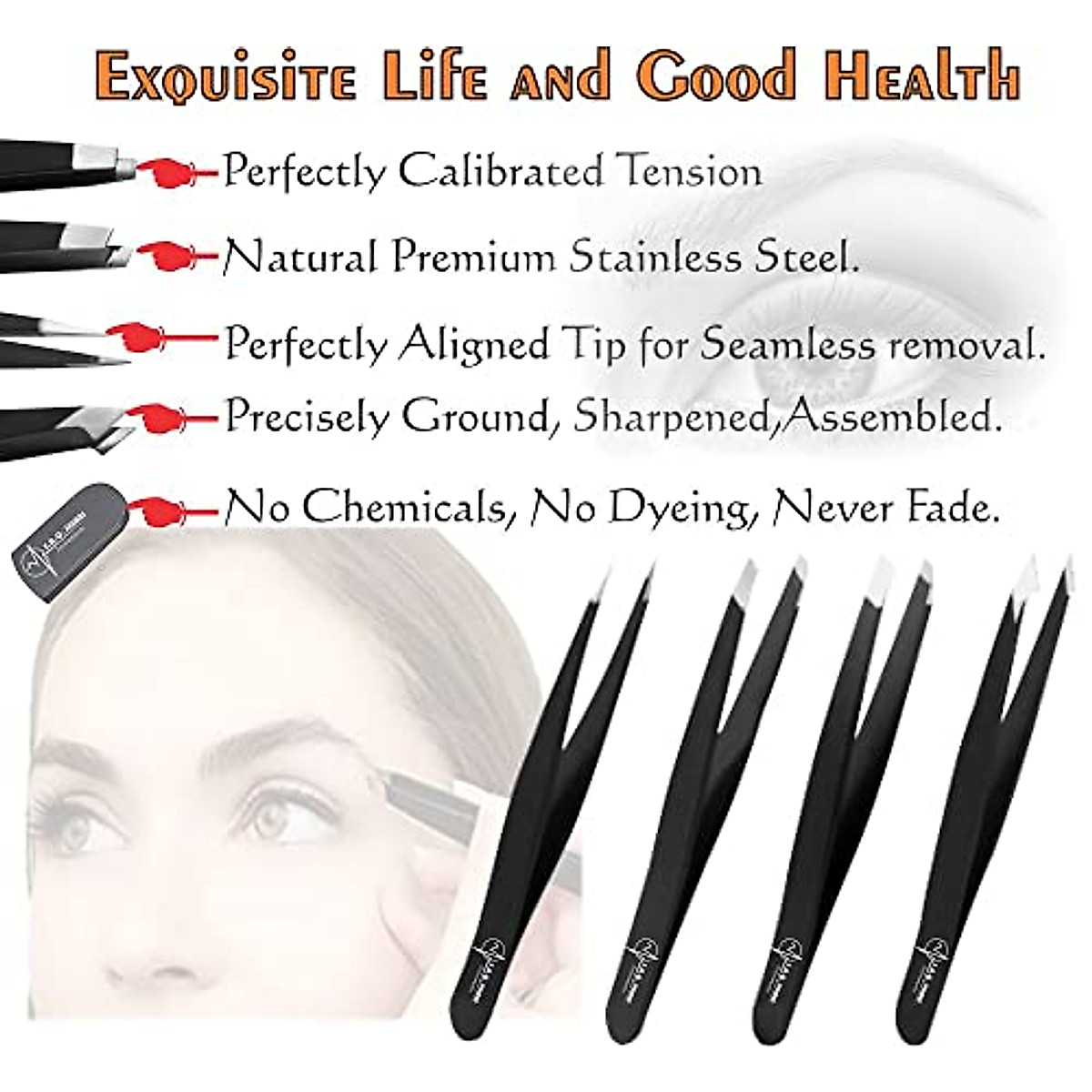 S.A.Q. JILLANI Eyebrow Precision Tweezers Set- For Men and Women Facial and Ingrown Hair Removal - Professional Stainless Steel Splinter and Slant 4 Pieces with Case (Black)