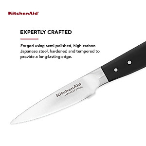 KitchenAid Gourmet Forged Triple Rivet Serrated Paring Knife with Custom-Fit Blade Cover, 3.5-inch, Sharp Kitchen Knife, High-Carbon Japanese Stainless Steel Blade, Black