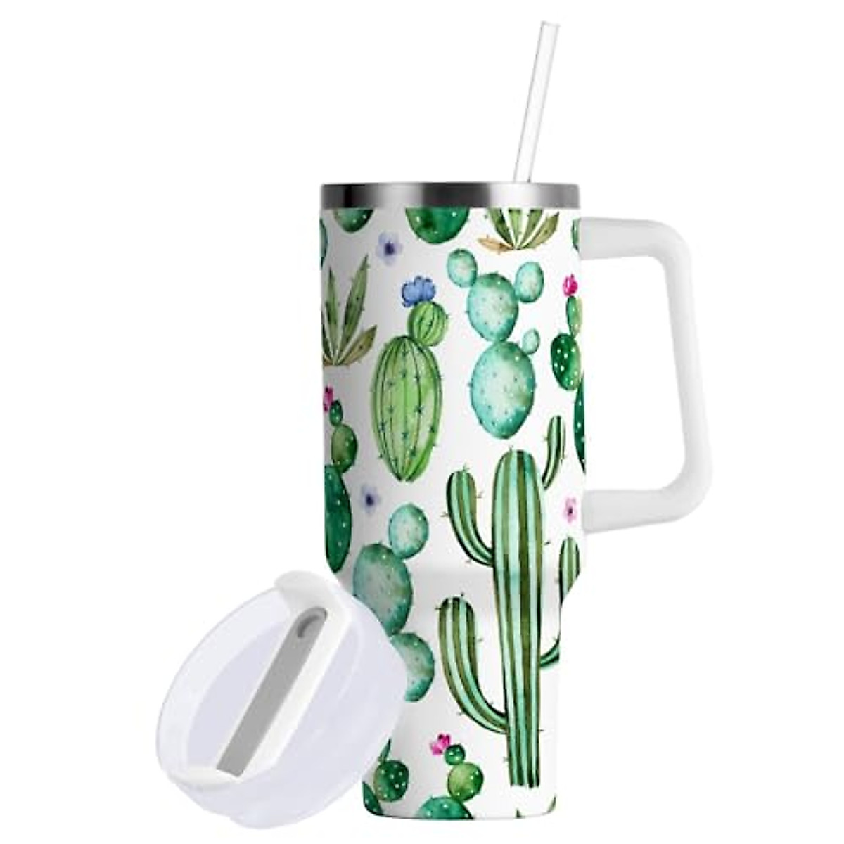 MCHIVER Cactus Succulent Floral 30 oz Tumbler with Handle and Straw Stainless Steel Vacuum Water Bottle Leak-proof Travel Coffee Mug Insulated Tumbler for Home Car Office