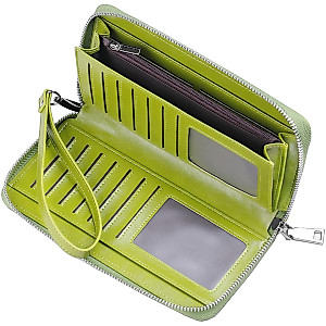 JEEBURYEE Women's RFID Blocking Large Capacity Luxury Oil Wax Genuine Leather Zip Around Wristlet Wallet Clutch Multi Card Holder Ladies Purse Green