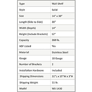 Universal WS1430 - Stainless Steel Wall Shelf - 14" X 30"