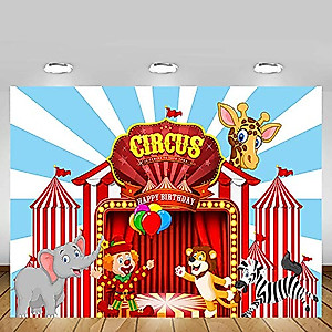 MEHOFOND Circus Birthday Photo Studio Booth Background Red Stripes Animals Circus Carnival Kids Happy Birthday Party Decorations Backdrops Banner for Photography 7x5ft