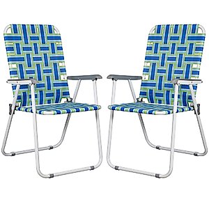 F2C Patio Lawn Chairs Folding Set of 2, Metal Webbed Folding Chair Outdoor Beach Chair Portable Camping Chair for BBQ, Fishing,Yard, Garden(Blue)