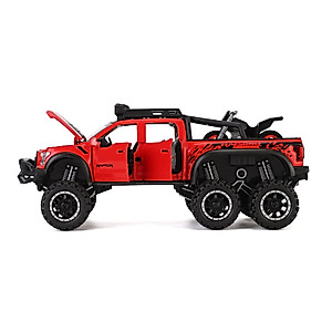 MYJJTYS Toy Pickup F150 six-Wheel (Length 8.6 inch) Metal die-cast Model car Sound and Light with Motorcycle Toy car 3 4 5 6 7 8 9 10 11 12 Year Old boy Toy (Red)