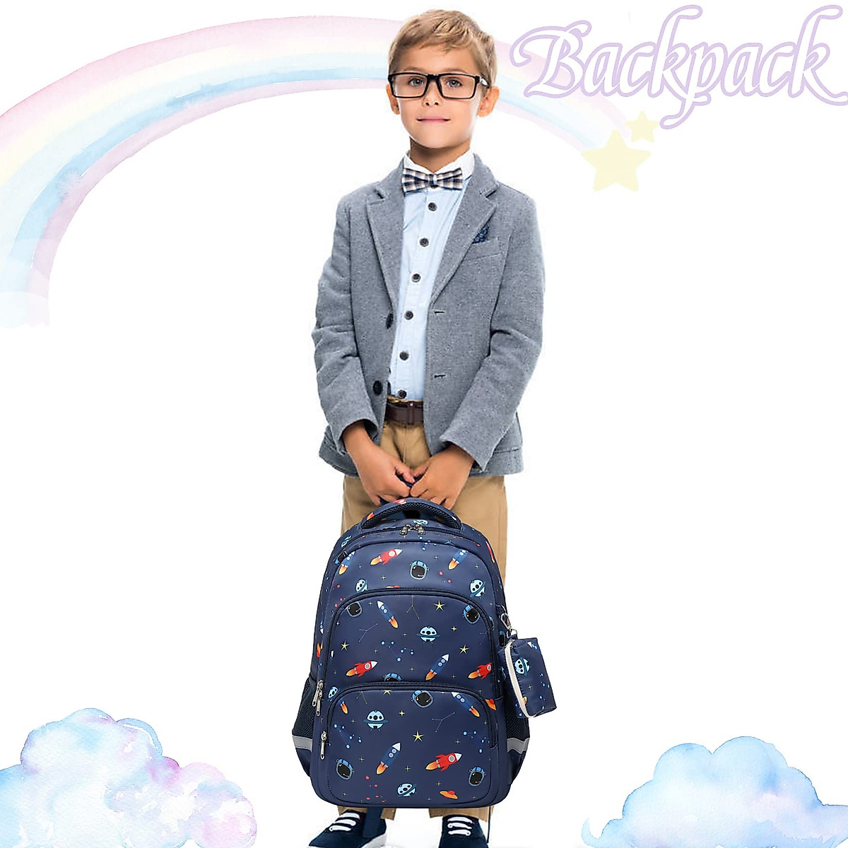 MIRLEWAIY Boys Backpack Purse Set Kids Space Rocket Printed School Bag 15.7 inch Multipocket Bookbag With Insulated Lunch Box And Coin Pouch, Dark Blue Rocket