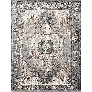 Hartshone Bohemian Farmhouse Living Room Bedroom Dining Room Area Rug - Boho Vintage Distressed - Persian Tribal Style Carpet - Dark Brown, Grey, Tan, Beige, Khaki, Charcoal, Light Black - 6'7" x 9'