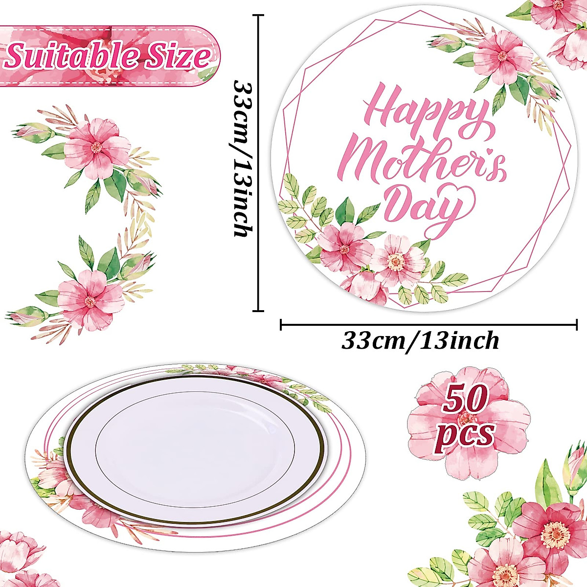 Happy Mother's Day Round Place Mats 13" x 13", Mother’s Day Tableware Supplies for Holiday Party Floral Table Mat Pink Floral Disposable Chargers Dinnerware Paper Place Mats Decorations Favors