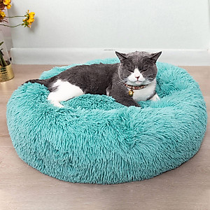 Dog Beds for Melium Dogs, XLarge Cat Beds for 4-5 Indoor Cats/Small Dogs, Anti Anxiety Round Fluffy Plush Faux Fur Cat Bed,Thick Bottom (Blue, 28”x 28”x 7.9”, Up to 55lbs)