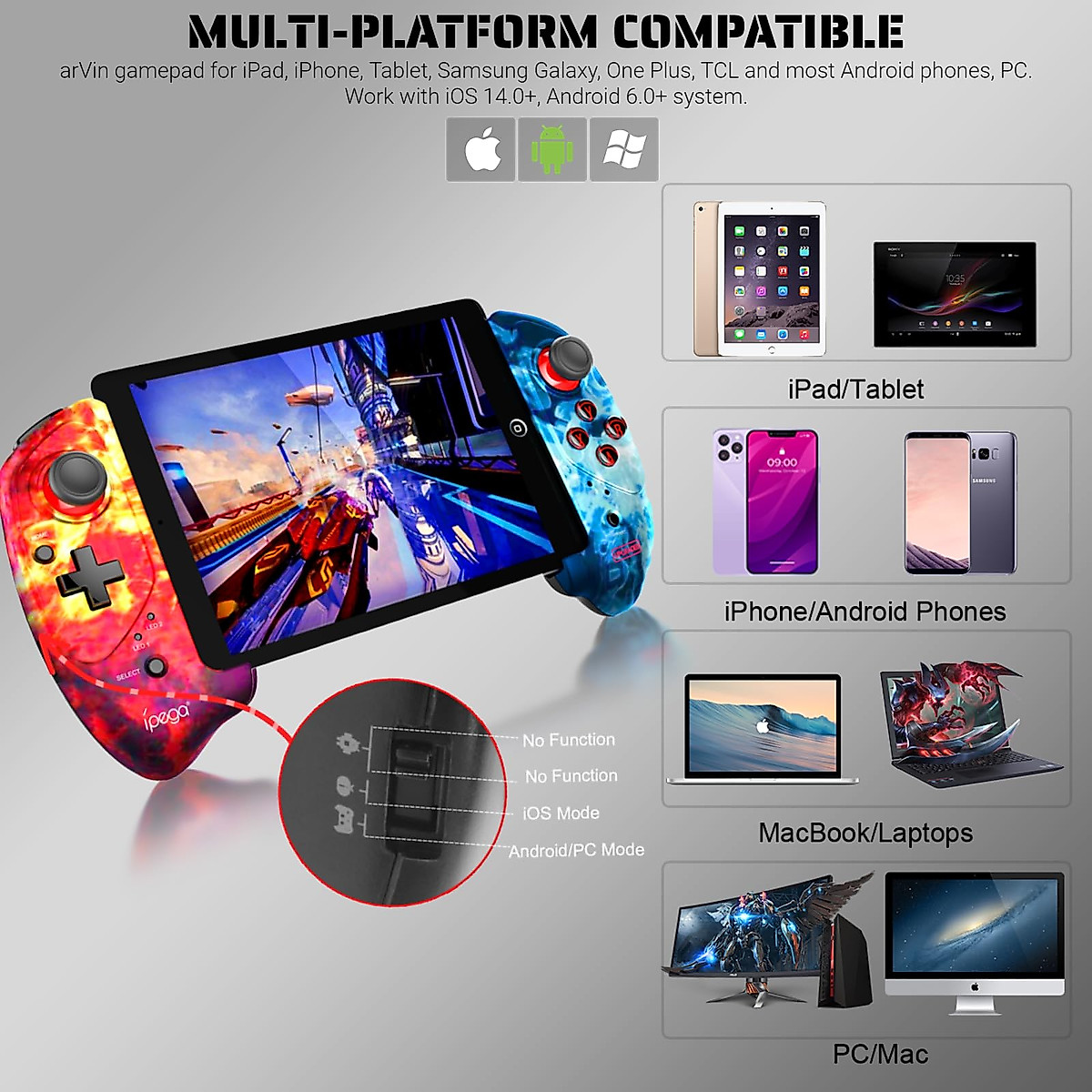 arVin Wireless Gaming Controller for iPad/Mini/Air/Samsung Galaxy Tab/HUAWEI MatePad/Yoga Tab[within 5-11"] Gamepad Joystick for iPhone 15/14/13 Pro Max/Galaxy 23/22/21/PC/Call of Duty Mobile/Genshin