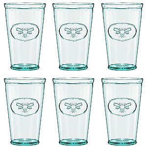 Amici Home Bee Hiball Glass | 16 Oz | Italian Made, Recycled Glass with Green Tint | Drinking Glass with Embossed Bee Design for Water, Juice, Cocktails (Set of 6)