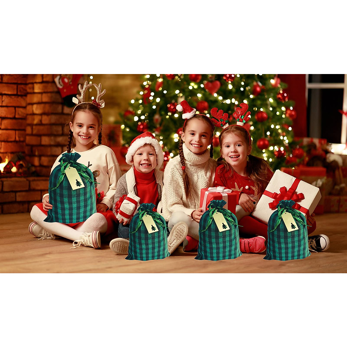 Eylola 6 Pieces 11.8 x 15.7 inch Christmas Buffalo Plaid Drawstring Bag Cotton Xmas Bag Plaid Present Bag Christmas Santa Sack Xmas Stocking Bag Party Supplies (Green and Black)