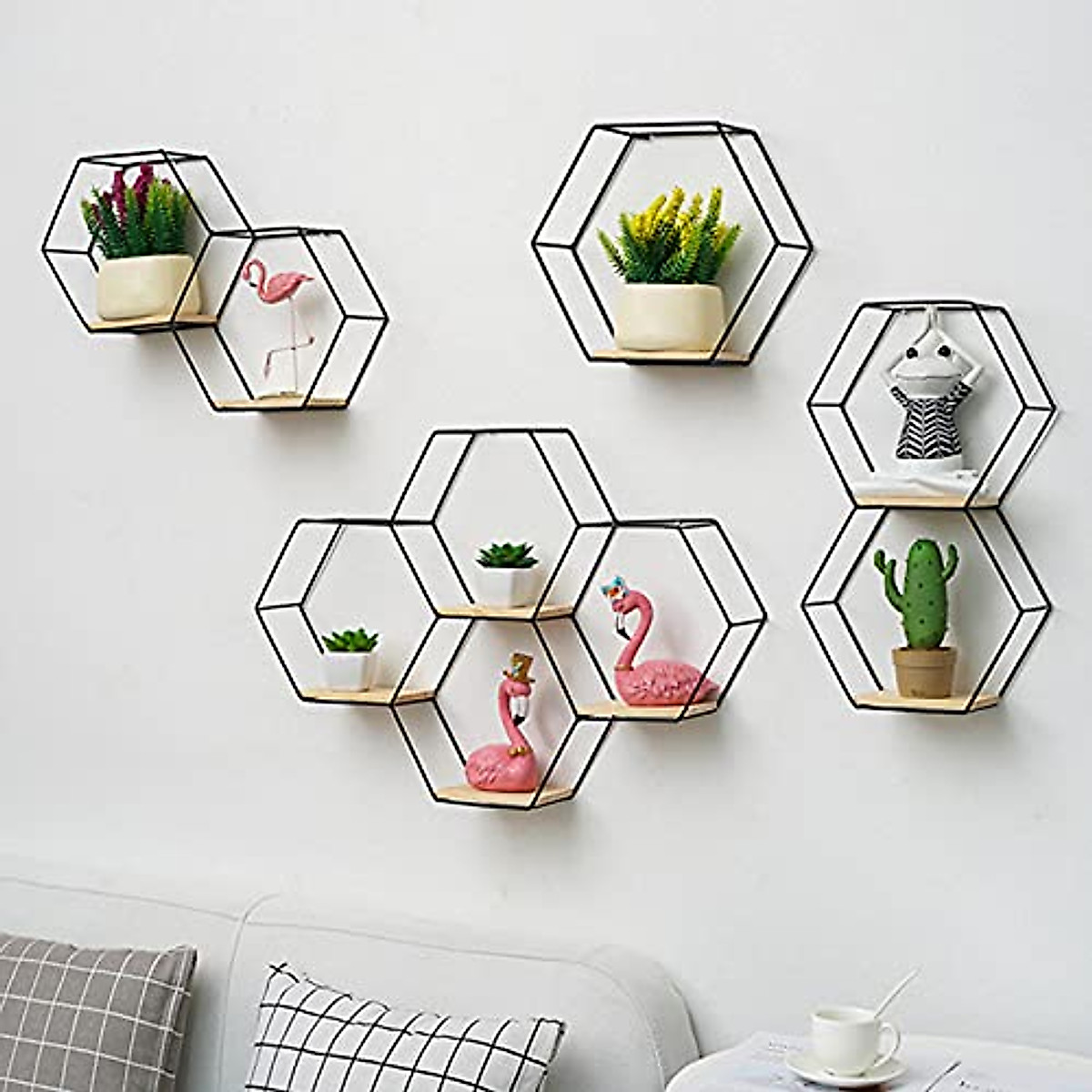 Nordic Hexagonal Wall Iron Frame Small Pot Wall Shelf Solves The Counter Space Problem Household Shelf Storage Rack Suitable for Bathroom, Bedroom, Living Room Black S