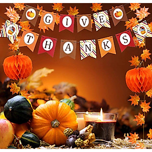GIVE Thanks Hanging Banner Autumn Pumpkin Honeycomb Ball Maple Leaf Garland Fall Harvest Welcome Banner for Thanksgiving Party Decorations