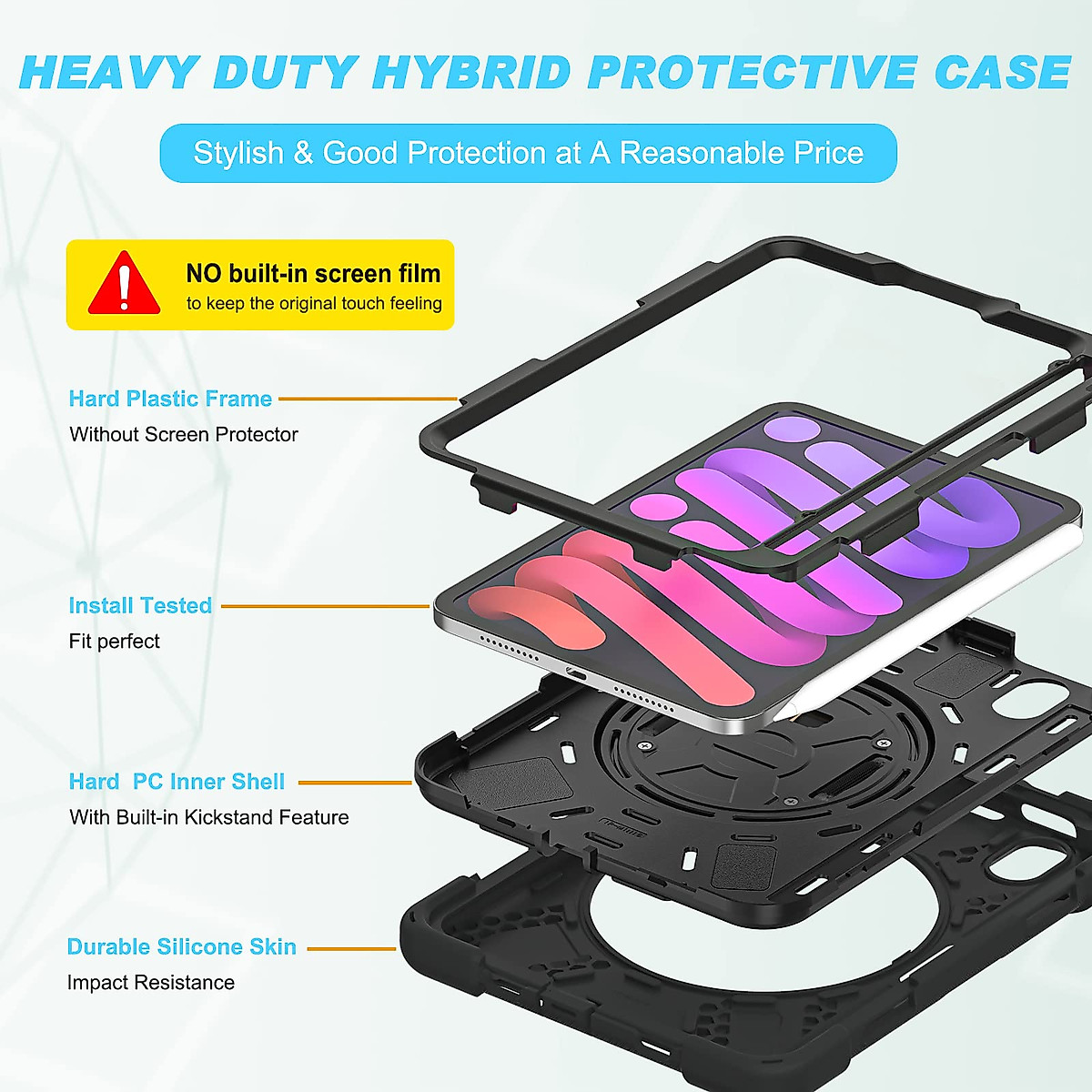 ZenRich iPad Mini 7 Case (A17 Pro 2024), Heavy Duty Shockproof Rugged Case for iPad Mini 7th/6th Generation with Pencil Holder/Kickstand/Hand Strap/Carrying Shoulder Belt, Black