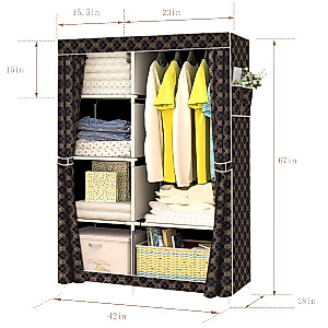 FUNFLOWERS Portable Wardrobe Storage Closet, Clothes Organizer with Non-Woven Fabric, Storage Shelves + Hanging Sections + Side Pockets, Durable & Easy to Assemble, 42" L x 18" W x 67" H, Black