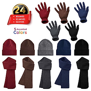 Moda West 72-Pack Gloves, Scarves, and Beanies - Wholesale Unisex Winter Accessories - Bulk 24 Glove Pairs, 24 Scarves, 24 Beanies