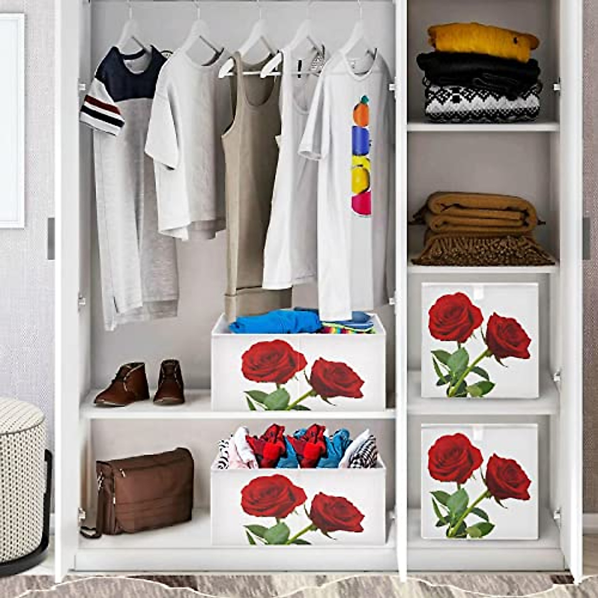 visesunny Closet Baskets Red Rose Storage Bins Fabric Baskets for Organizing Shelves Foldable Storage Cube Bins for Clothes, Toys, Baby Toiletry, Office Supply