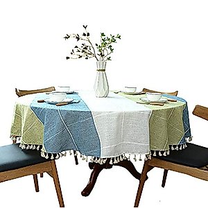 Heavy Weight Cotton Linen Tablecloth, Plaid Tassel Round Table Cover for Kitchen Dining Small Table 24"-40" (2 Seats), Round - 48", Blue Green