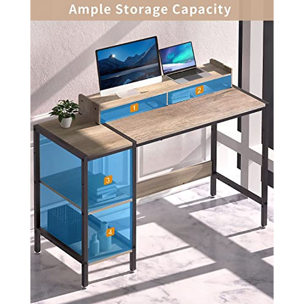 MINOSYS Computer Gaming Desk - 47" Home Office Desk with Storage, Writing Desk with Monitor Stand, Modern Simple Study Corner Table, Adjustable Storage Space, Gray