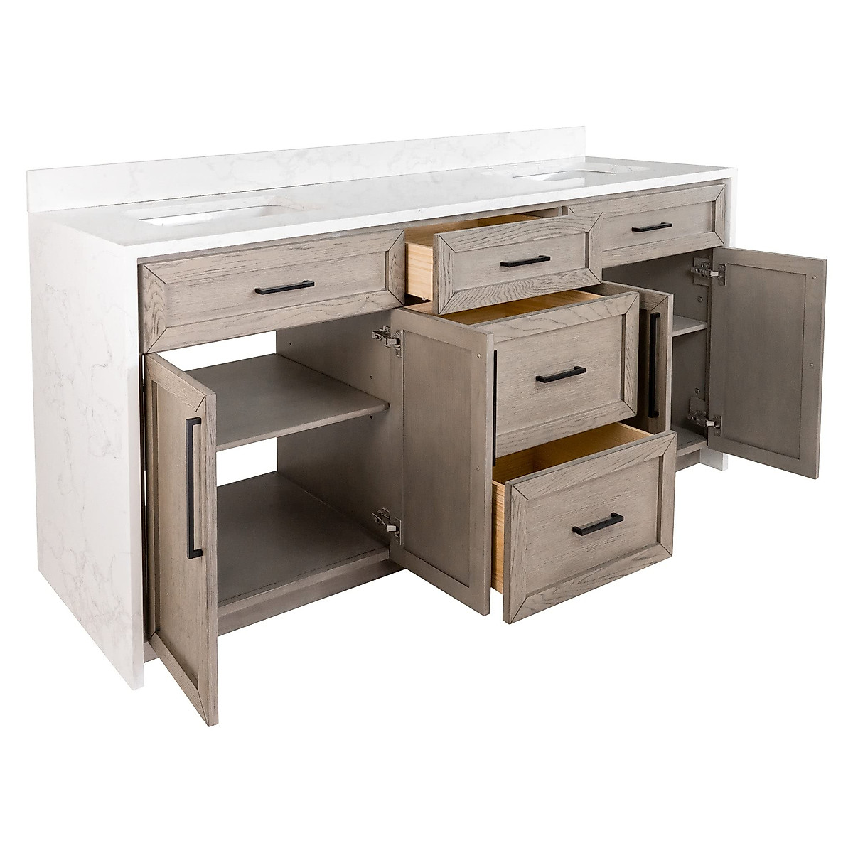 Kitchen Bath Collection Palisade 72-inch Double Bathroom Vanity (Engineered Marble/Gray Oak): Includes Gray Oak Cabinet with Engineered Marble Waterfall Countertop and White Ceramic Sinks