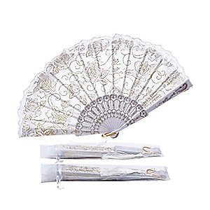 Sepwedd 30pcs Rose Lace Floral Folding Hand Fans Chinese Retro Folding Fan Bridal Dancing Props Church Wedding Gift Party Favors with Gift Bags（White）