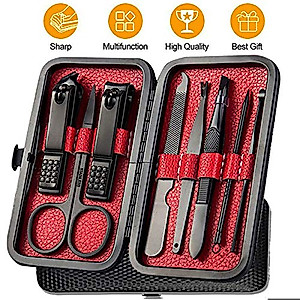 Manicure Pedicure Kit Nail Clippers Set 18 in 1 High Precision Stainless Steel Cutter File Sharp Scissors for Men & Women Fingernails & Toenails Vibrissac Scissors with Stylish Case (black&red_8in1)