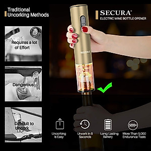 Secura Electric Wine Opener, Automatic Electric Wine Bottle Corkscrew Opener with Foil Cutter, Rechargeable (Champagne Gold)
