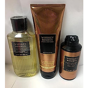 Bath & Body Works - Whiskey Reserve – For Men - 3 pc Bundle - 3-in-1 Hair, Face & Body Wash, Deodorizing Body Spray and Ultimate Hydration Body Cream – 2021