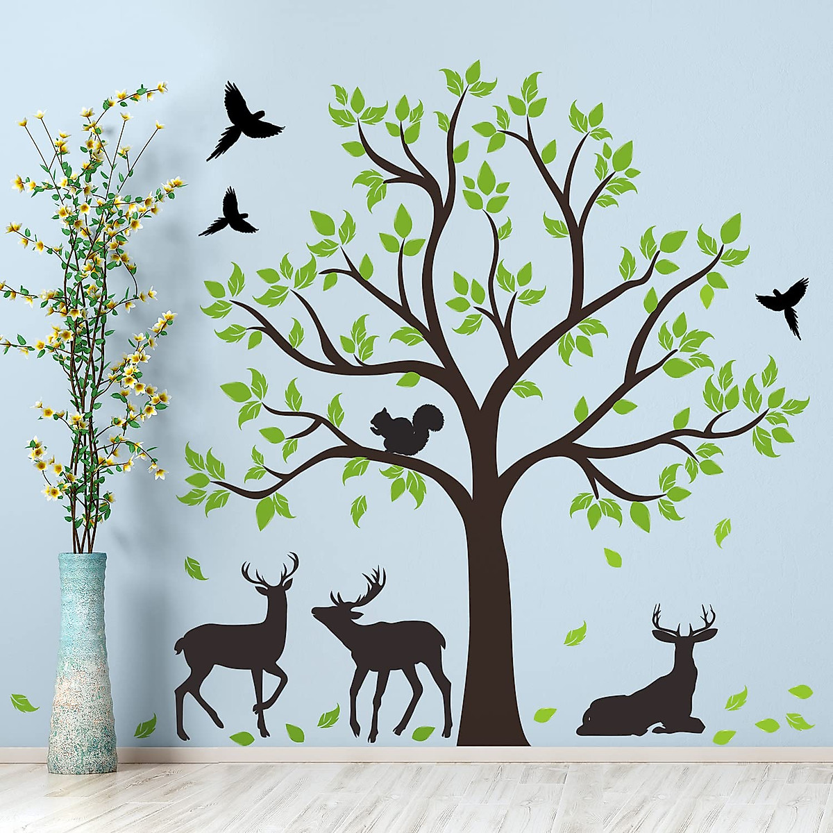 61"x56" Big Green Tree Wall Decals Elk Wall Sticker Leaves Wall Decal DIY Removable Giant Plants Animals Wall Stickers for Baby Kids Girls Bedroom Living Room Nursery Office Sofa Background Home Decor