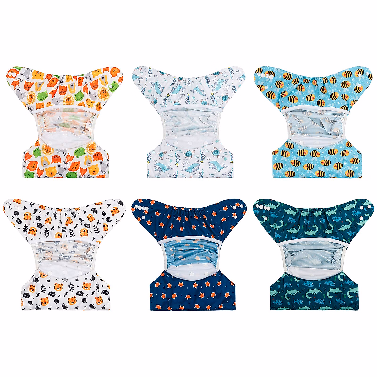 Babygoal Cloth Diaper Covers 6 Pack+Wet Bag for Fitted Diapers and Prefolds with Double Gussets, Adjustable and Reusable for Baby Boys 6DCF08