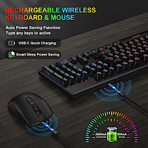 BlueFinger Wireless Gaming Keyboard and Mouse, Rechargeable Rainbow Backlit Wireless Keyboard and Ergonomic Light Up Mouse Combo for Windows, Mac, PC, Laptop