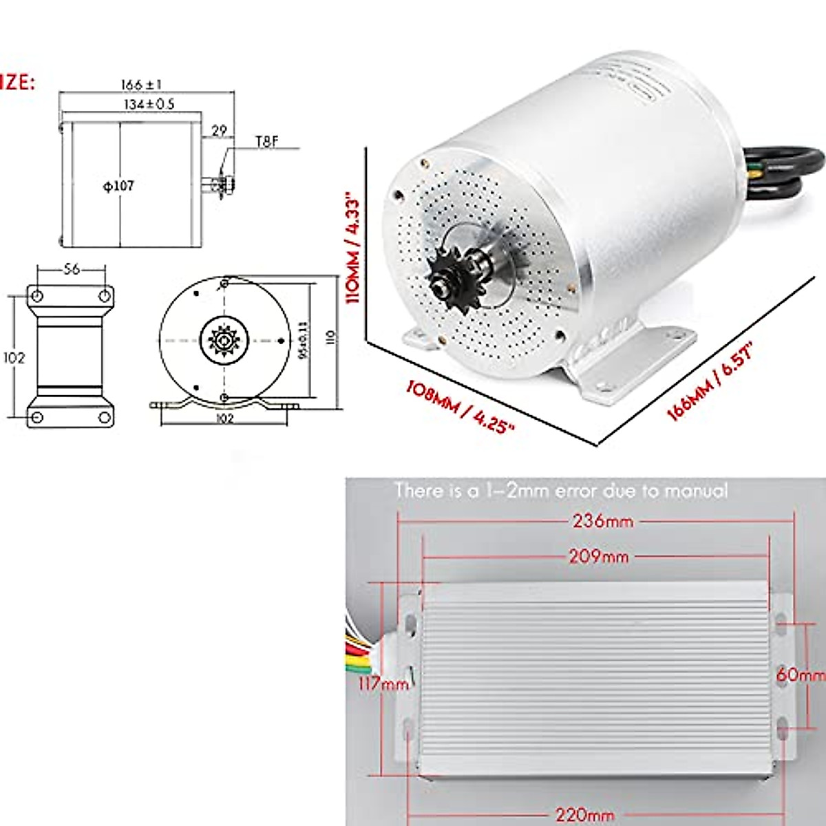 High Speed Brushless DC Motor Kits 2000W 60V Electric Gokart Motor 4250RPM Rated Mid Motors with Controller Pedal Throttle for E-Scooter E-Bike Dirt Bike Motorcycle