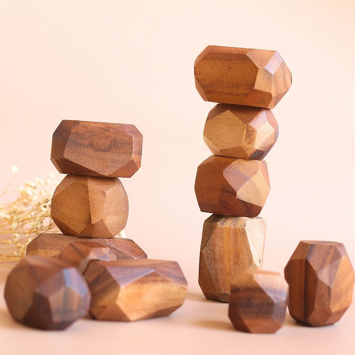 12 Pcs. Wooden Balancing Blocks: Handmade Meditative Educational Game Sensory STEM Toy Stacking Game Wood Balance Rocks Set (Tum ISHI) Montessori with Cotton Bag