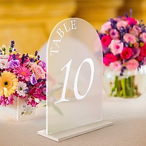 Table Numbers 1-20 with Display Stand, Acrylic Sheets with White Printed Calligraphy Number and Frosted, Arch Shape Design for Party Decor, Wedding Reception, Anniversary, & Other Event Guest Seating