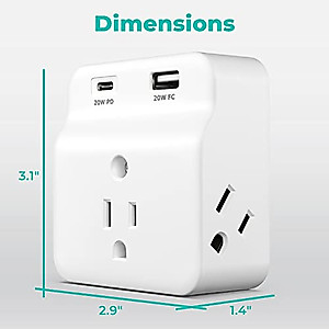 KMC USB-C PD Surge Protector 3-Outlet Wall Tap, USB-C Power Delivery Charger and USB-A Fast Charging Port, 500J Surge Protection, Wall Mountable Outlet Adapter for Home, Office, Dorm Essentials, White
