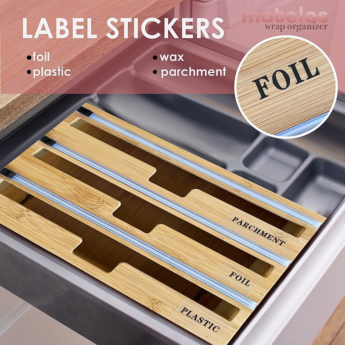 3 in 1 Bamboo Wrap Dispenser with Cutter and Labels, Wax Paper, Foil and Plastic Wrap Organizer Dispenser for Kitchen Drawer or Wall Mounted, Roll Holder, Compatible with 12" Roll [matelas]