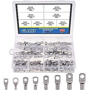 Glarks 125Pcs Marine Grade Heavy Duty Tinned Copper Wire Lugs Battery Cable Ends Eyelets SC Ring Terminal Connectors Assortment Kit