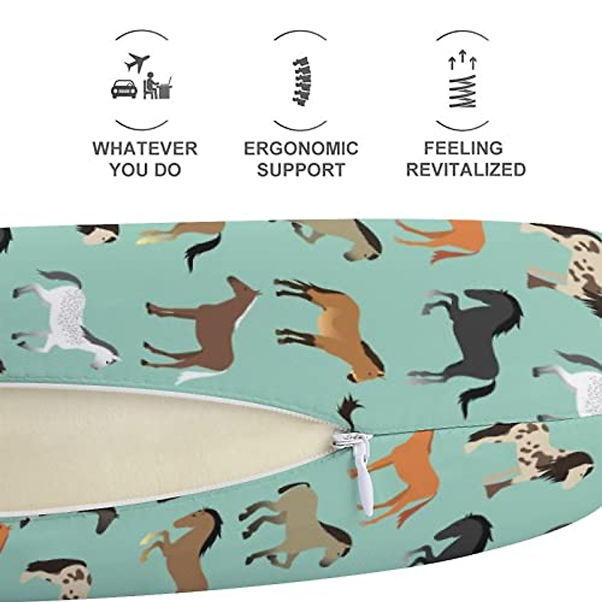 Meaudiwes U Shaped Pillow for Neck Support, Animal Print Horse Breathable Travel Neck Pillow, Lightweight Neck Pillow for Travel, Airplane, Office