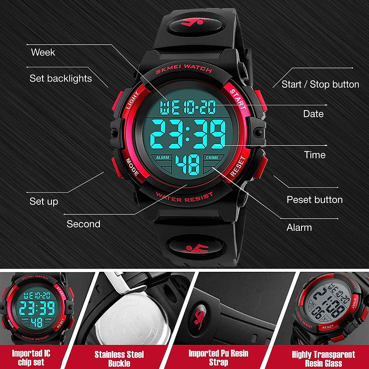 Digital Watch for Girls Ages 4-15, Kids Red Digital Sports Waterproof Outdoor Analog Electronic Watches with Alarm Stopwatch, Children Birthday Presents Gifts Toys for Age 4-12 Year Old Boys Girls