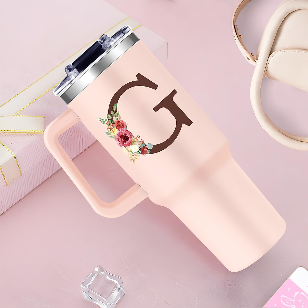 Monogrammed 40oz Tumbler with Handle for Women, Personalized Birthday Gifts for Women,Initial Cups for Woman Floral Letter G,Customized Gifts for Female Lady Gift for Mothers Day Christmas