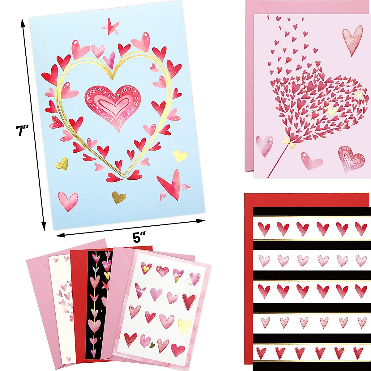 Fancy Land Valentines Cards with Envelopes 12 Heart Cards Blank Inside Gold Foil Embellishment