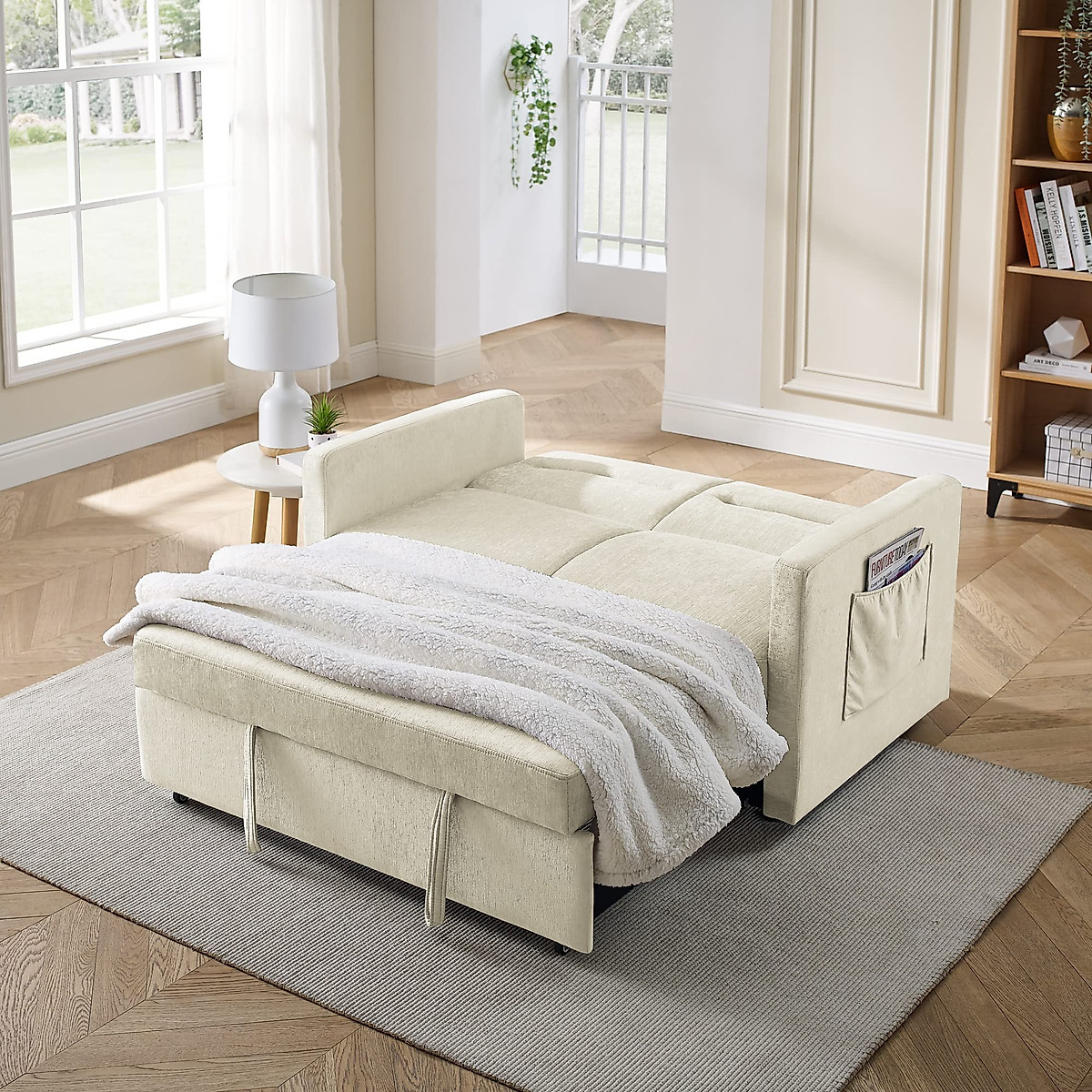 LIADTOP 54.5'' Modern Convertible Sleeper Sofa Bed with Two Side Pockets, Grey Fabric Sofa w/Pull-Out Bed Loveseat Sofa Couch and Adjsutable Back for Living Room,Beige