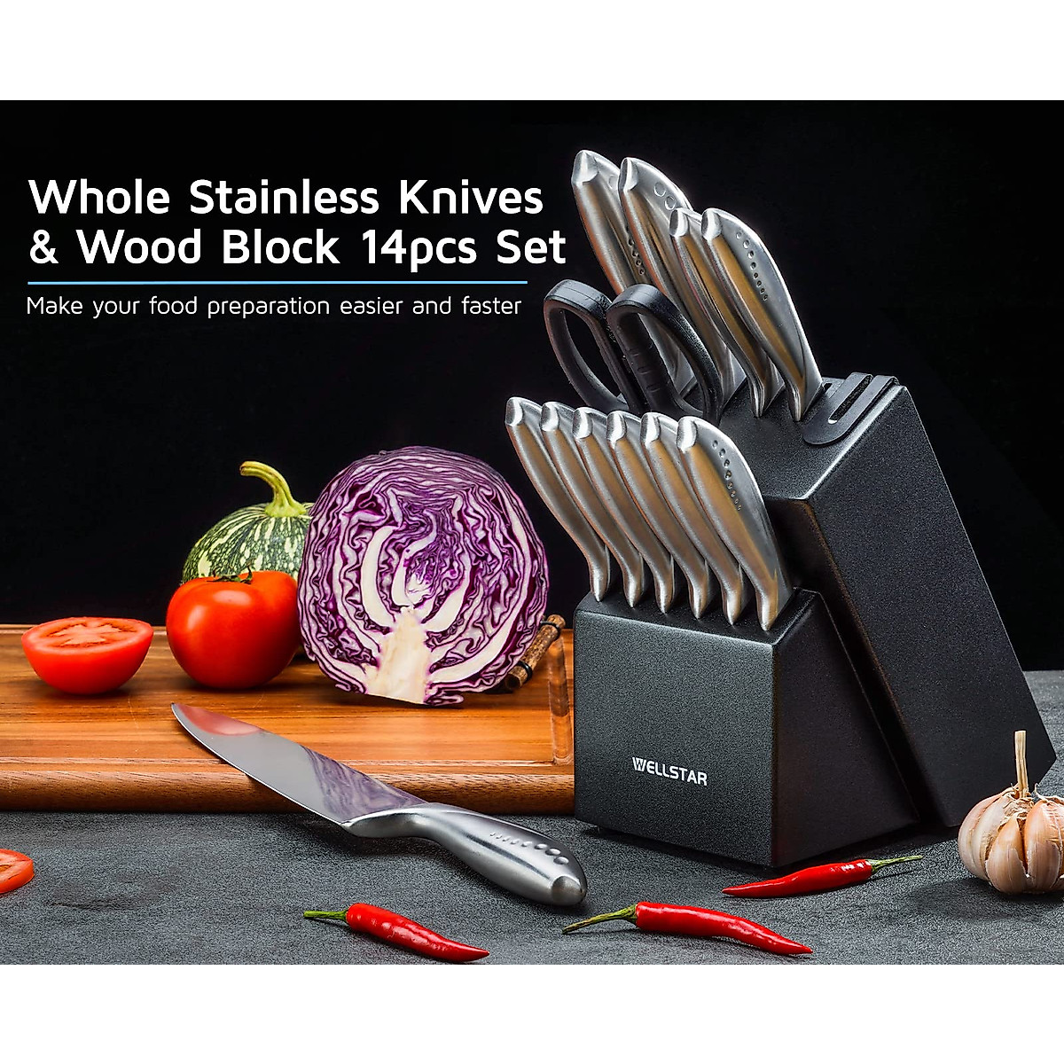 WELLSTAR Knife Set, Super Sharp German Stainless Steel Kitchen Knives Set with Wooden Block, Durable All Stainless Steel Handle, Chef’s Knife Block Set 14-Piece with Scissors and Built-in Sharpener
