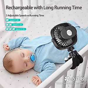 Foonsen Rechargeable USB Stroller Fan, Portable Car Fan, Car Seat Fan, Desk Fan, Flexible Tripod Clip on Bed, Bike, and Crib, Battery Powered, Jet Black